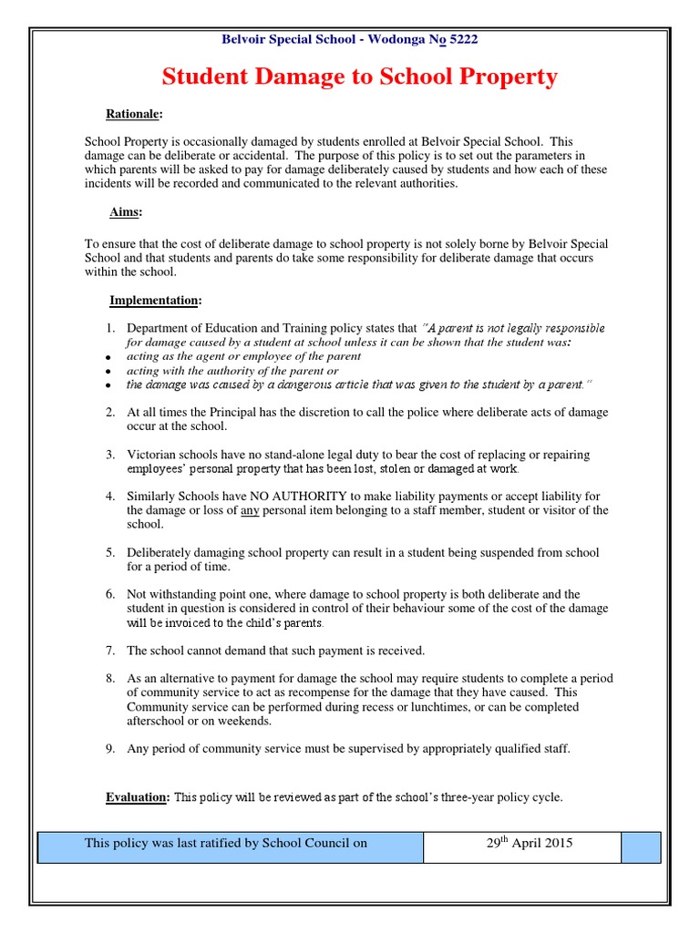 Student Damage To School Property Policy 2015 | PDF | Private Law | Justice