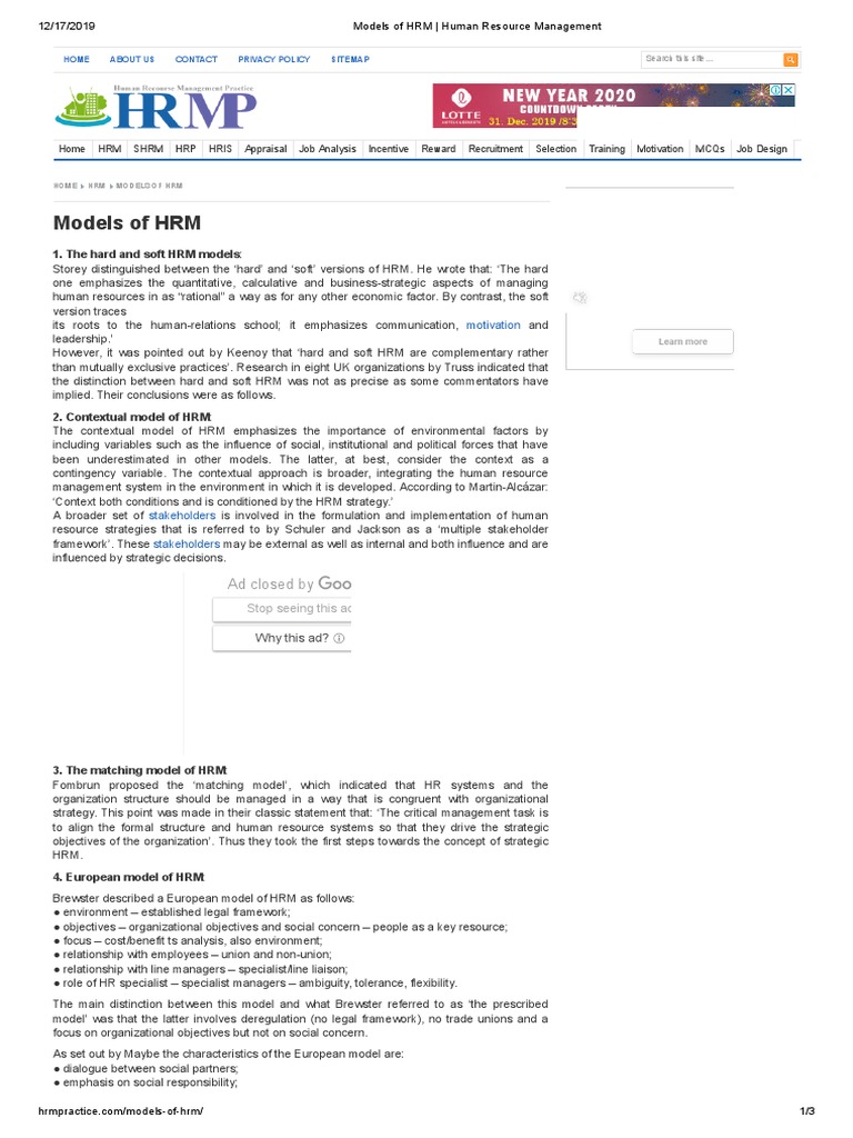 Models of HRM - Human Resource Management | PDF | Human Resource ...