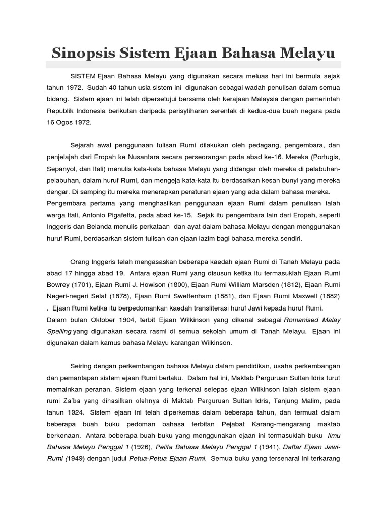 Sinopsis Sistem Ejaan Bahasa Melayu | PDF