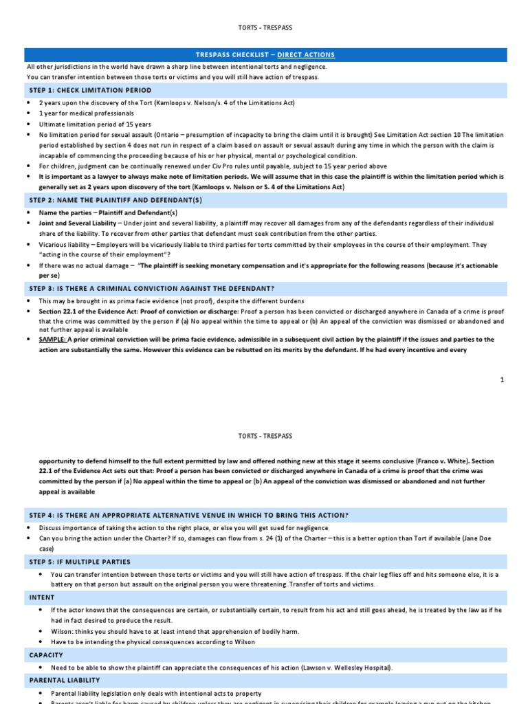Torts Checklist - Trespass | PDF | Conversion (Law) | Trespass