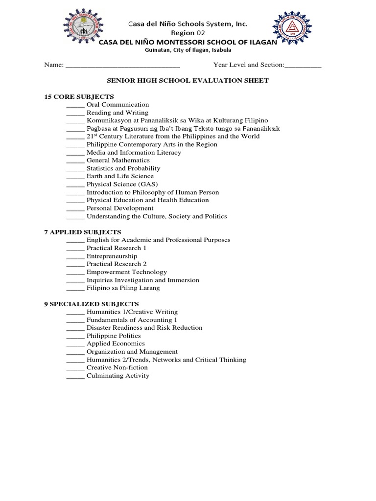 Senior High Evaluation Sheet | PDF