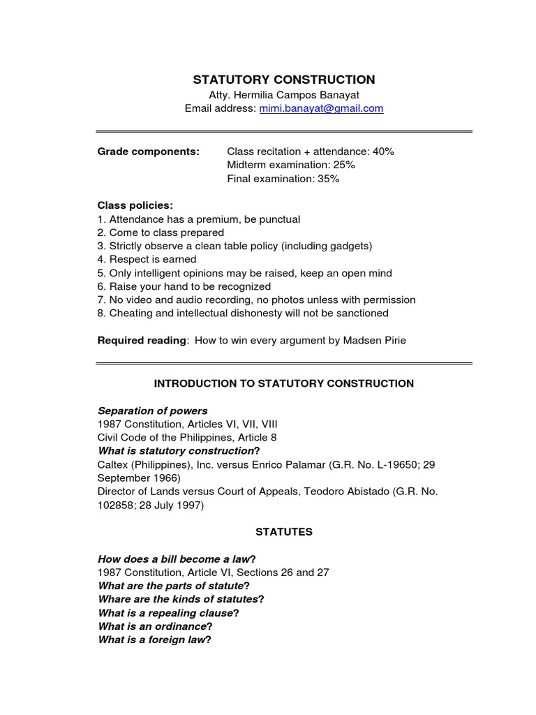 Statutory Construction - Course Outline | PDF | Statutory ...