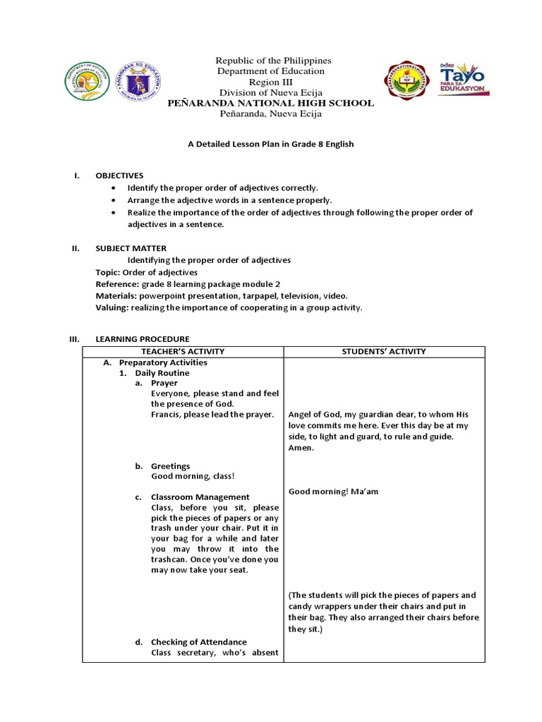 Detailed Lesson Plan Order of Adjectives Final Demo | PDF | Adjective ...