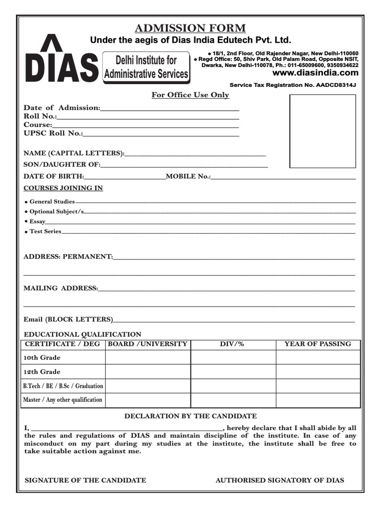 DIAS Admission Form | PDF | Educational Stages | Vocational Education