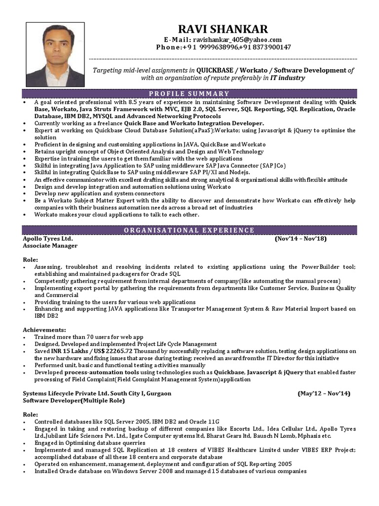 QuickBase Ravi Shankar Resume | PDF | Enterprise Resource Planning | Databases