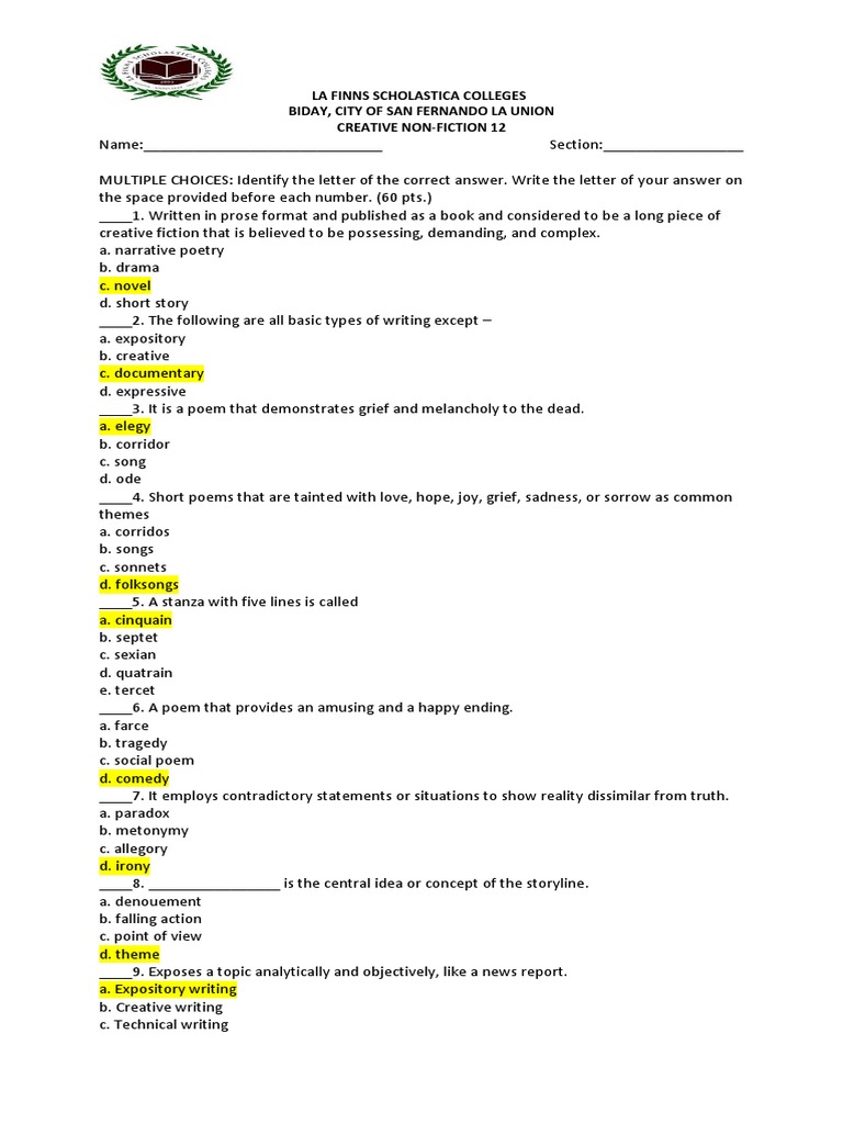 Diagnostic Test Creative Nonfiction With Answer Key | PDF | Poetry ...