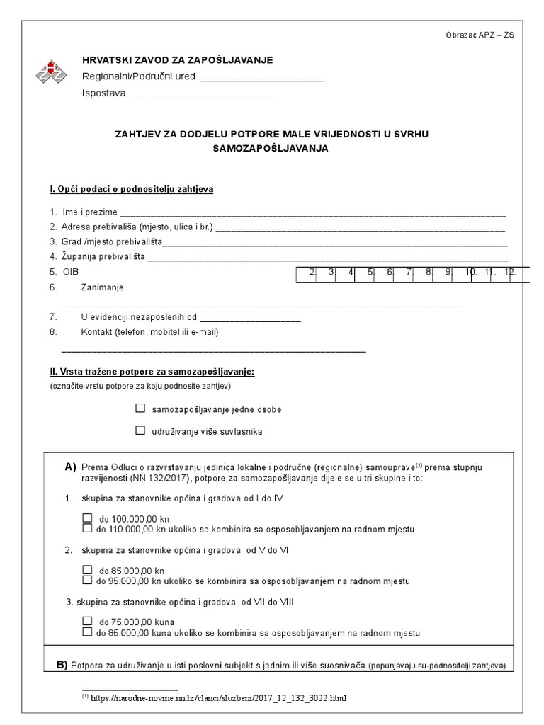 1 Obrazac Zahtjev Samozapošljavanje 1 | PDF