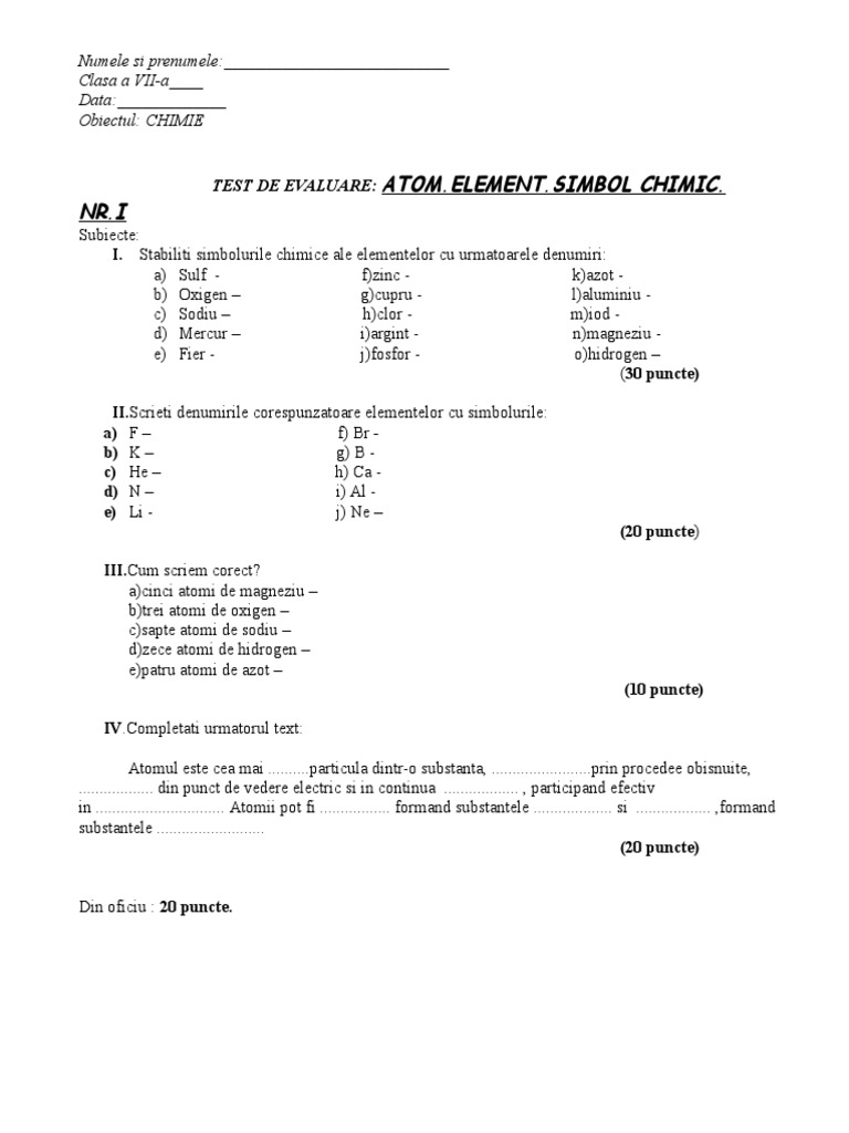 Test - Atom - Element.simbol Chimic | PDF