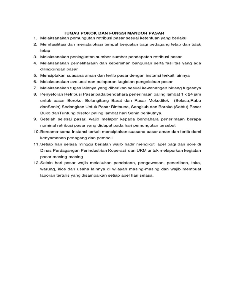 Tugas Pokok Dan Fungsi Mandor Pasar | PDF