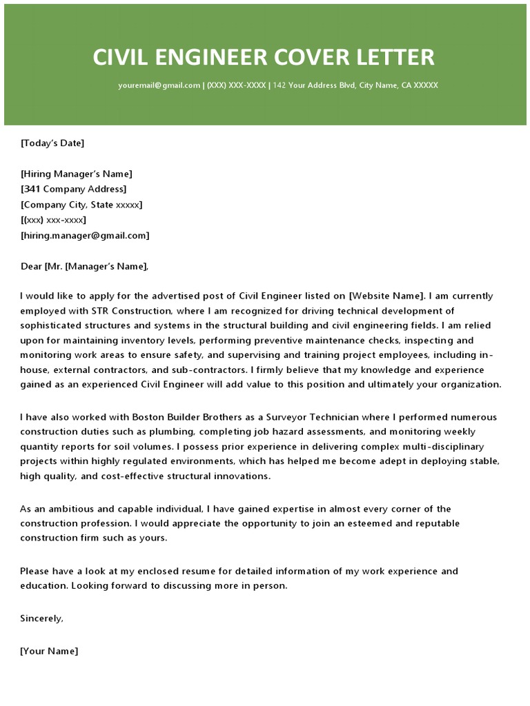 Civil Engineer Cover Letter 2018 - Green | PDF