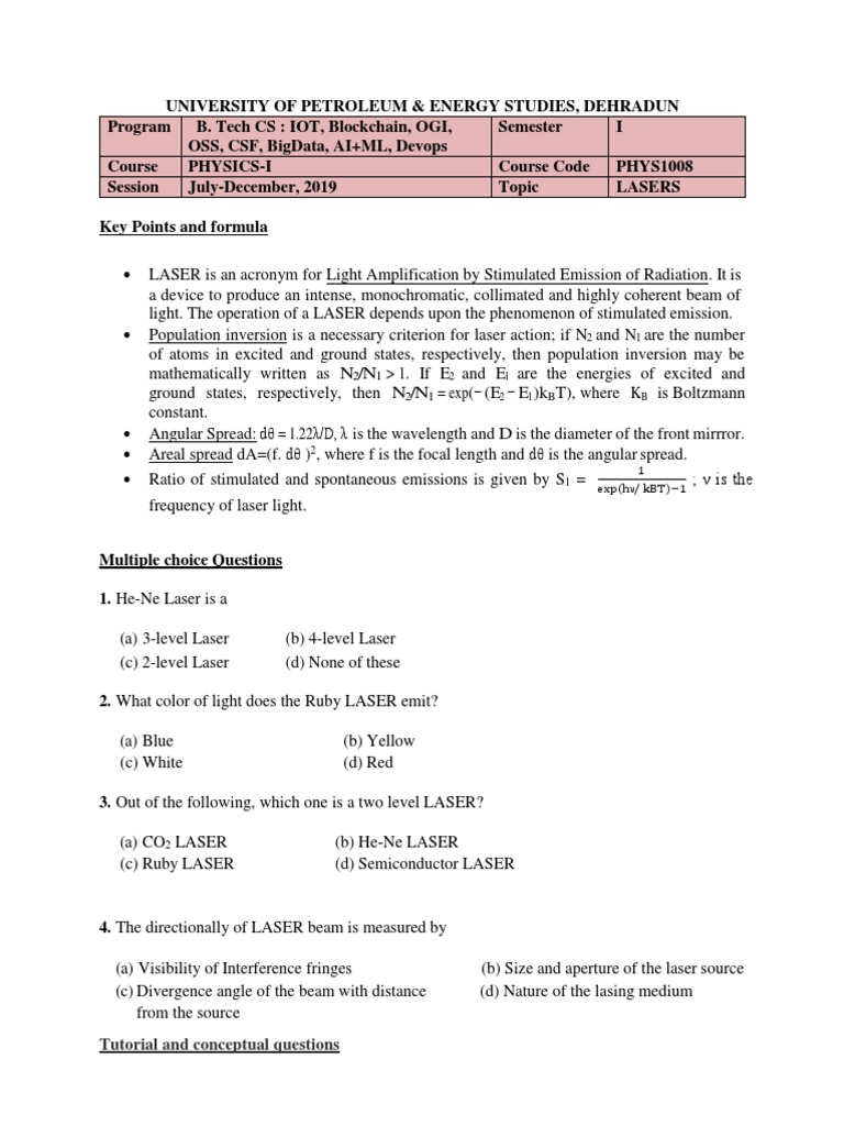 Unit-1 Lase & Fiber Optics Tute 1 | PDF | Holography | Laser