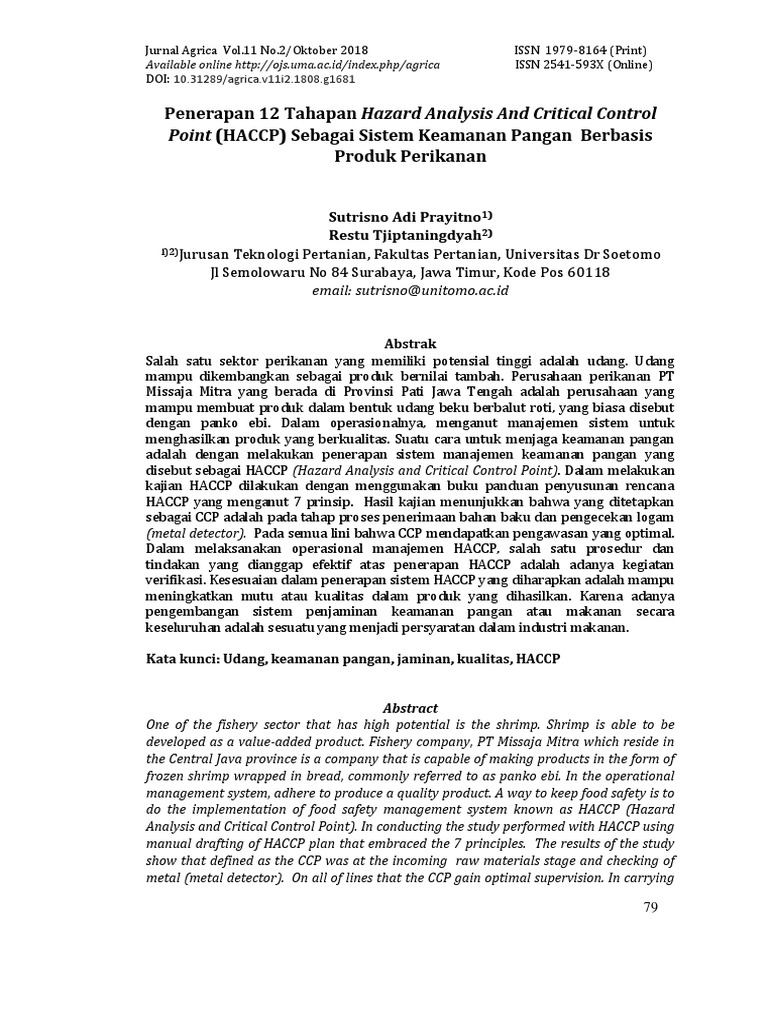 Jurnal Penerapan 12 Tahapan Haccp Sebagai Sistem Keamanan Pangan ...
