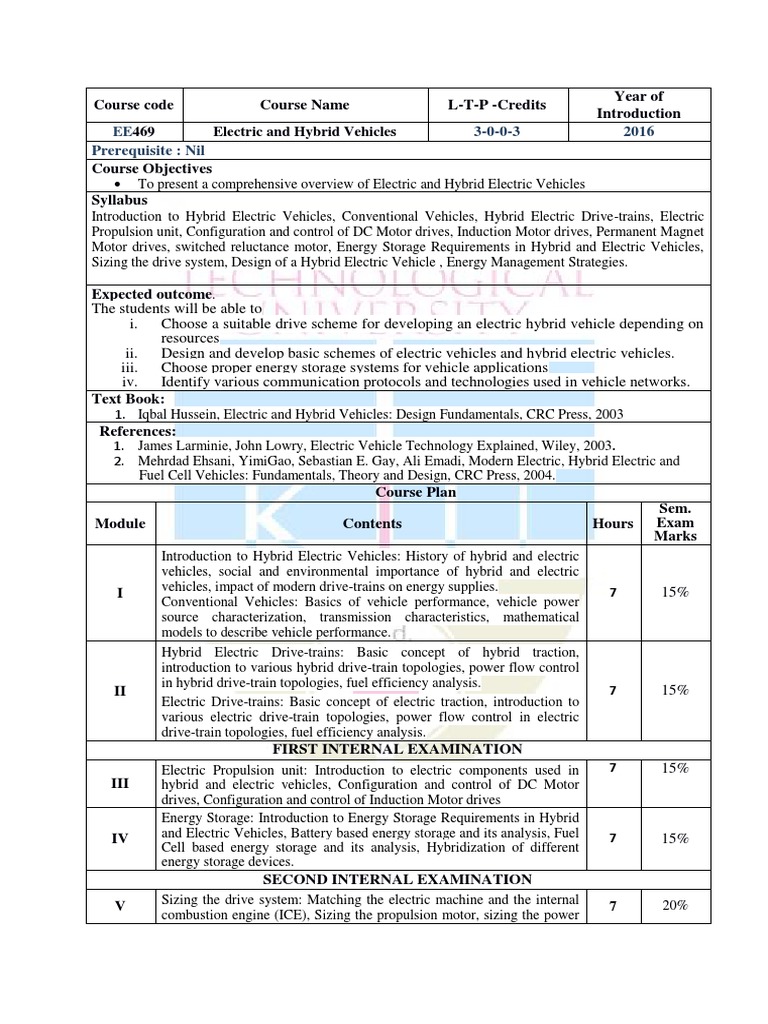 EE469 Electric and Hybrid Vehicles | PDF | Hybrid Vehicle | Electric Vehicle