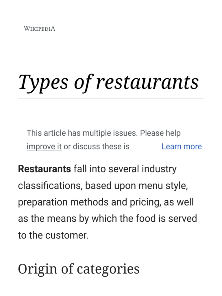 Types of Restaurants - Wikipedia PDF | PDF | Restaurants | Food And Drink