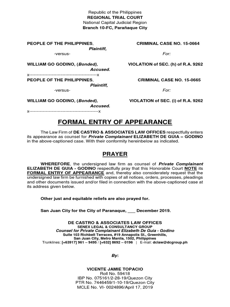 (LAW FIRM) VAWC - Formal Entry of Appearance | PDF | Plaintiff ...