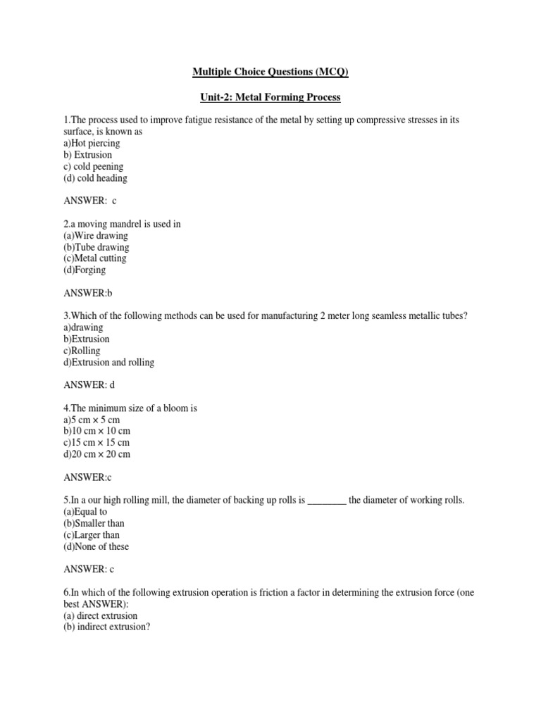 MCQ-Metal Forming Process | PDF | Extrusion | Forging