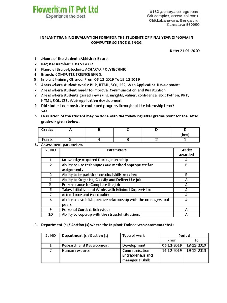 Inplant Training Certificate | PDF | Psychological Concepts | Behavior ...