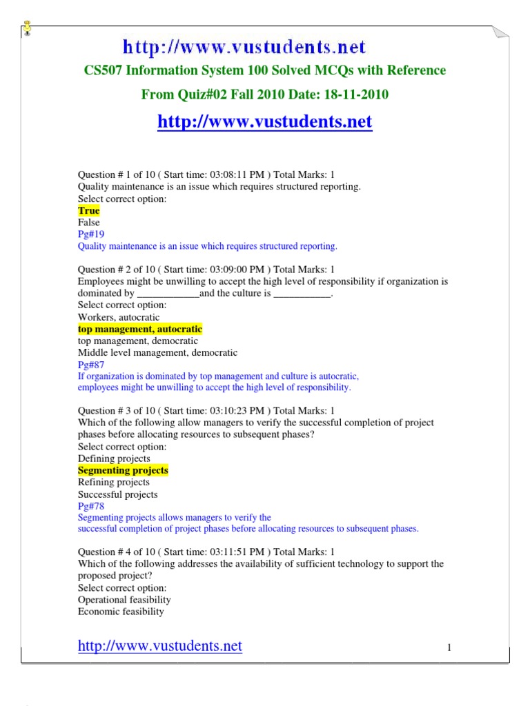 CS507 100 Solved MCQs With Reference From Quiz2 Fall 2010 | PDF | System | Computing