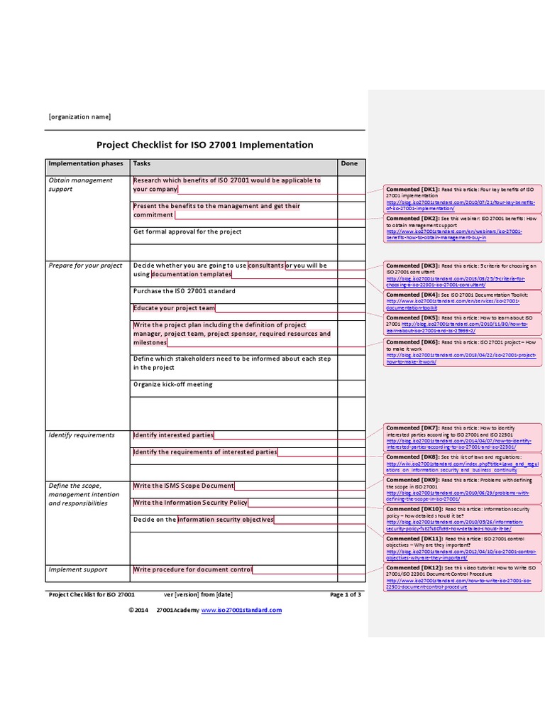 Project Checklist For 27001 Implementation EN | PDF | Internal Audit ...