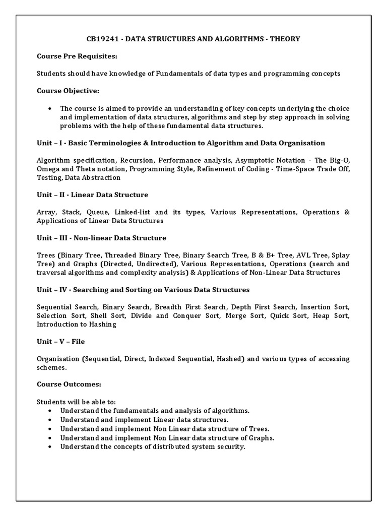 CB19241-CSBS-Data Structure and Algorithms-Theory-Syllabus | PDF | Computer Programming | Algorithms