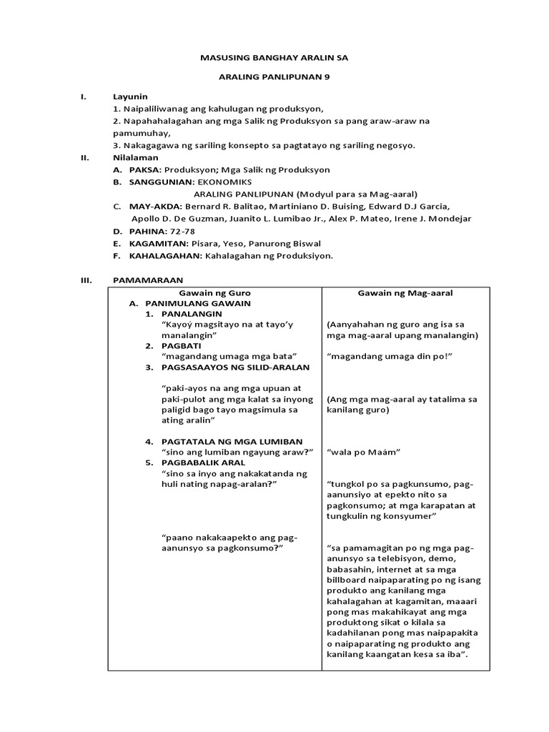 Detailed Lesson Plan For Araling Panlipunan - Konsumo at Produksyon | PDF