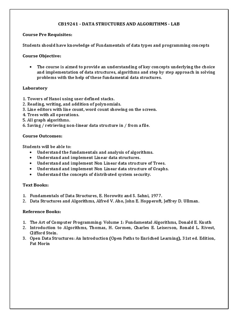 Cb19241 Csbs Data Structures And Algorithms Lab Syllabus Pdf Array Data Structure Algorithms