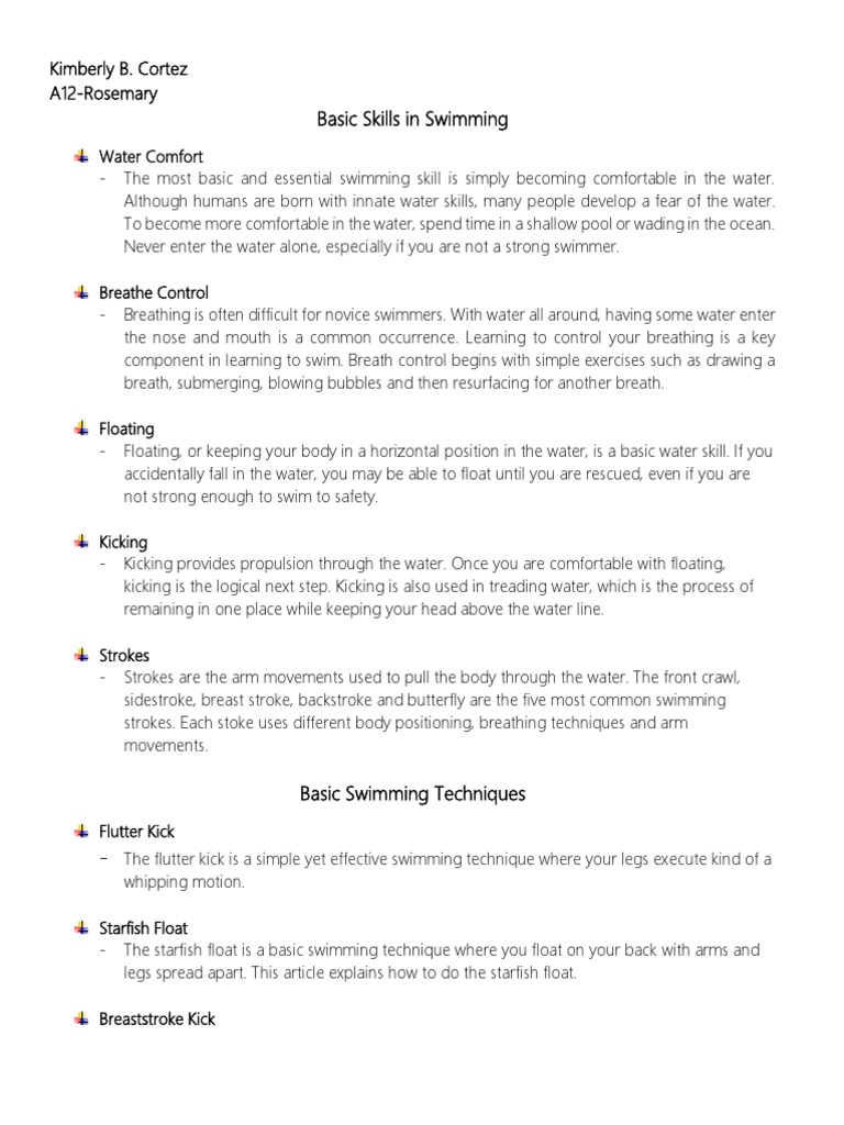 Basic Swimming Skills and Techniques Explained | PDF | Swimming | Hiking