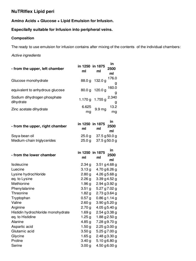 NuTRIflex Lipid Peri Infusion Details | PDF | Dose (Biochemistry ...