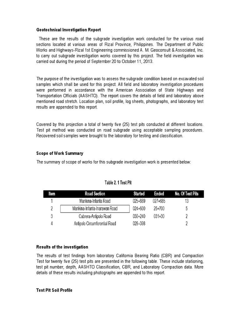 Geotechnical Investigation Report Marilaque Highway | PDF ...