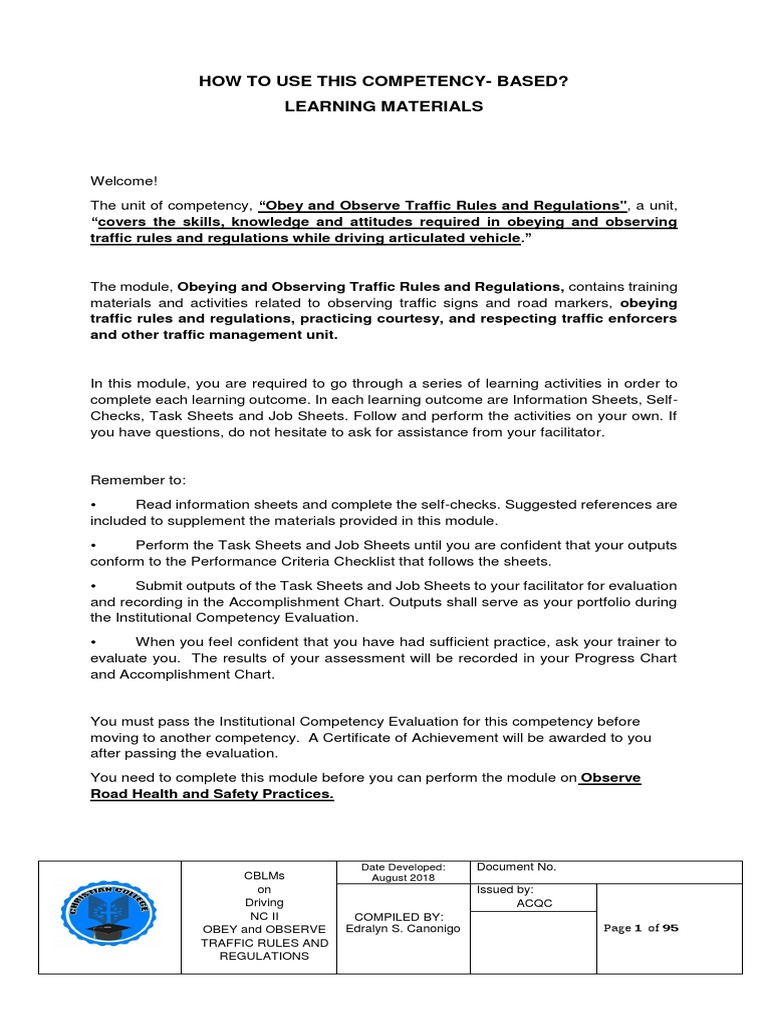 CBLM Revised | PDF | Traffic | Driving