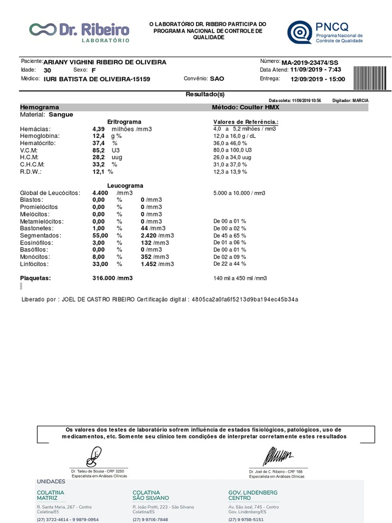 Resultados de exames laboratoriais de paciente atendida no Laboratório ...