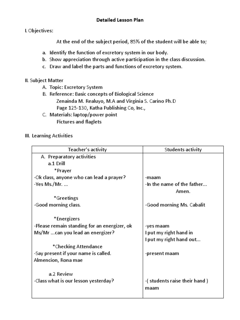 Jane Detailed Lesson Plan | PDF | Urinary System | Organ (Anatomy)