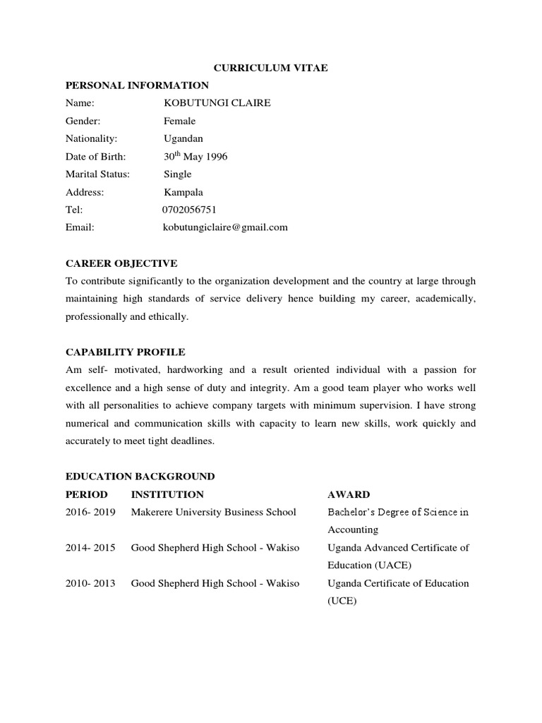 Claire Kobutungi's CV for Job Applications | PDF | Uganda | Curriculum