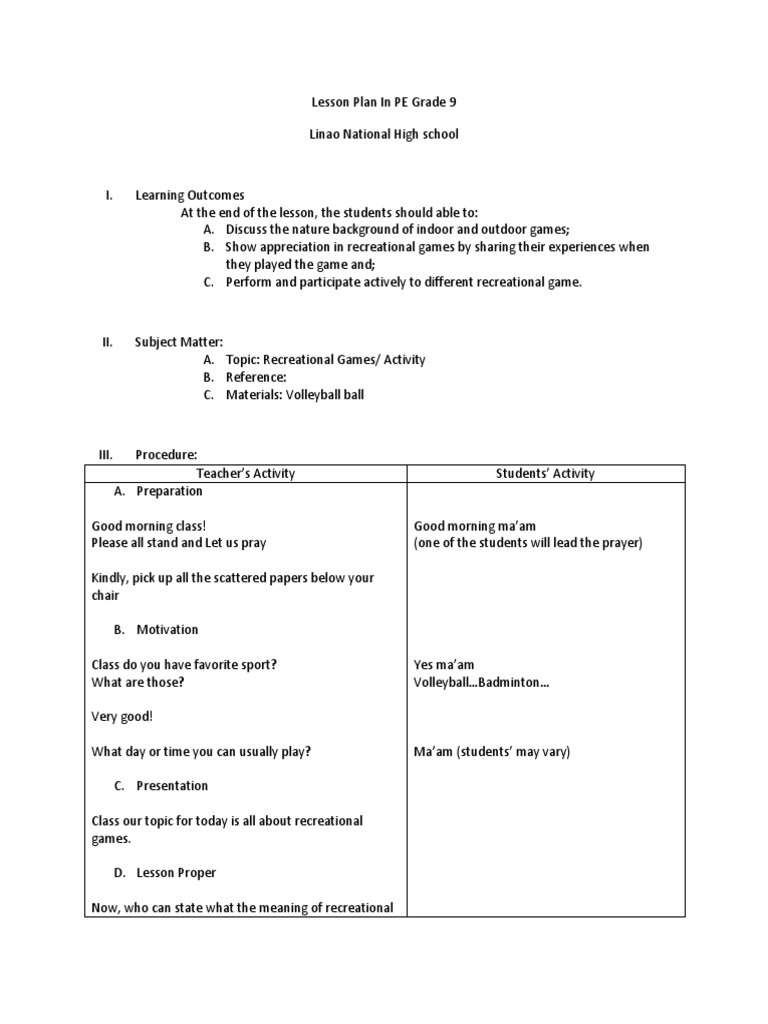Grade 9 PE Lesson Plan: Recreational Games | PDF | Lesson Plan ...