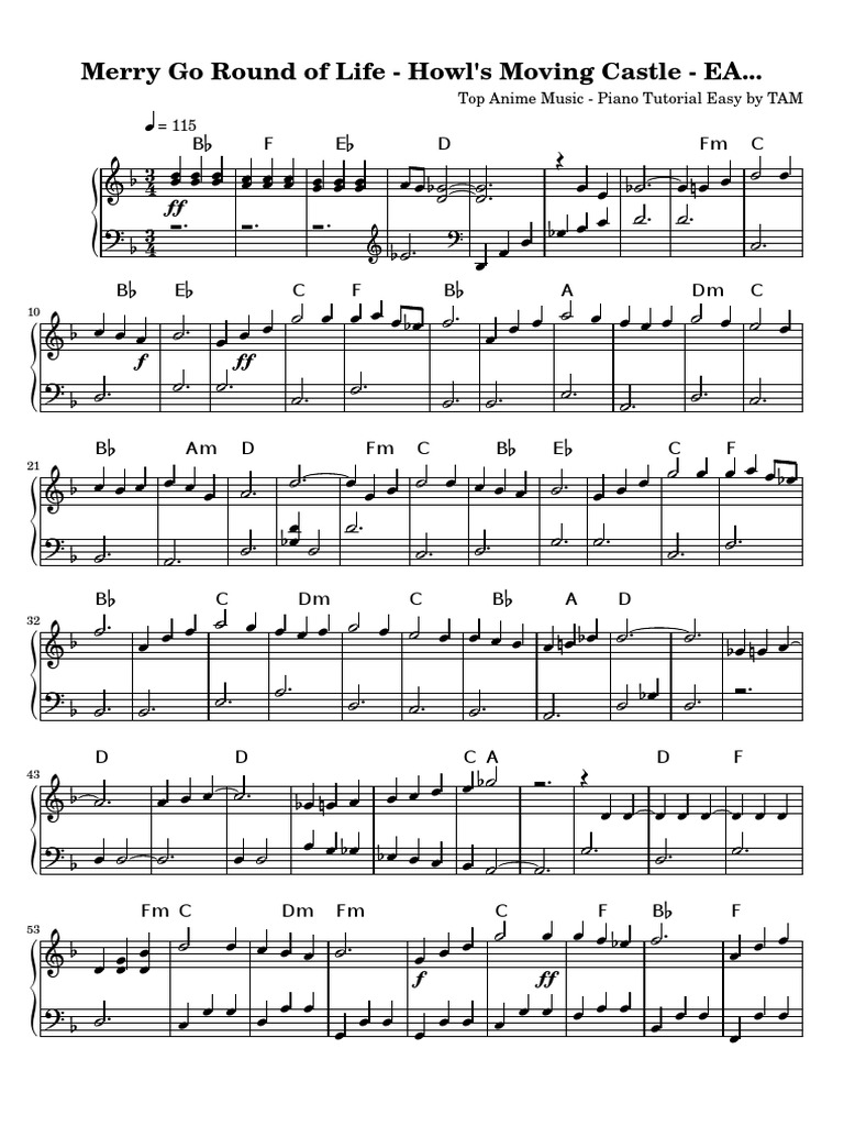 Merry Go Round of Life - Howls Moving Castle - EASY Piano Tutorial | PDF