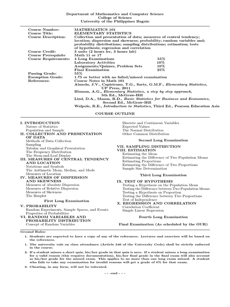 Syllabus - Math 101 (12-13) | Download Free PDF | Mean | Statistics Syllabus - Math 101 (12-13) | Download Free PDF | Mean | Statistics