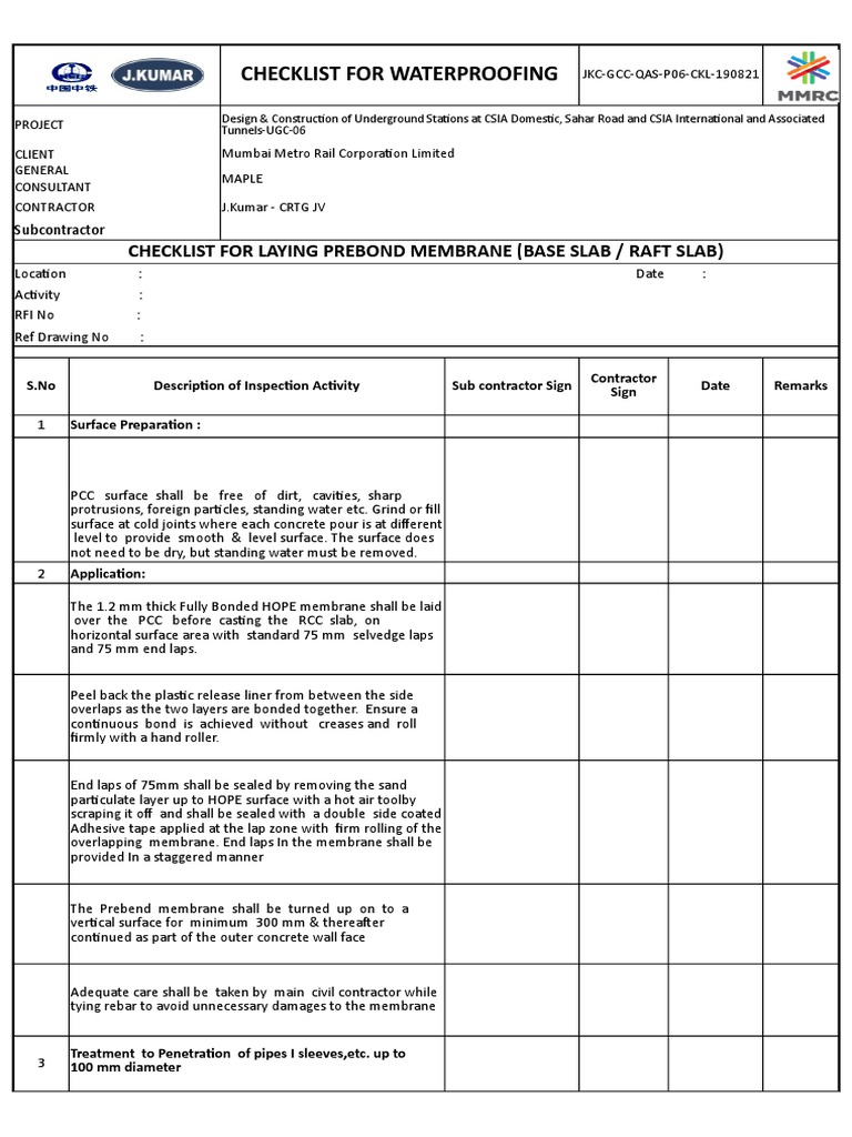Waterproofing Checklist-1 | PDF | Civil Engineering | Building Engineering