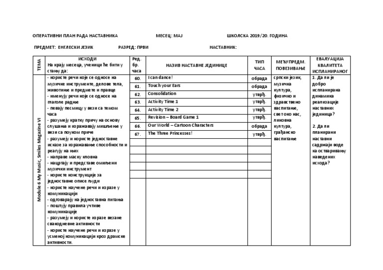 Smiles 1 - Operativni-Mesecni Plan - Maj | PDF