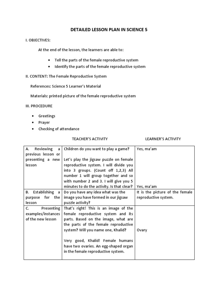 Grade 5 Female Reproductive System Lesson | PDF | Reproductive System ...