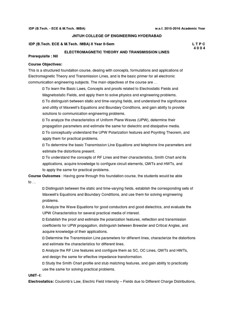 EMTL Course Overview and Objectives | PDF | Transmission Line | Waves