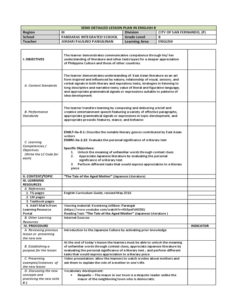 Japanese Literature Lesson Plan for Grade 8 | PDF | Japanese Language ...