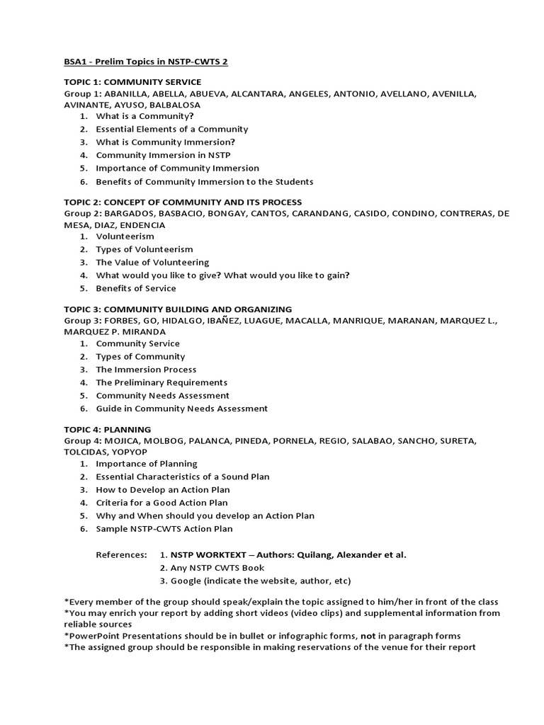 Bsa 1 NSTP CWTS Topics For Reporting Prelims | PDF