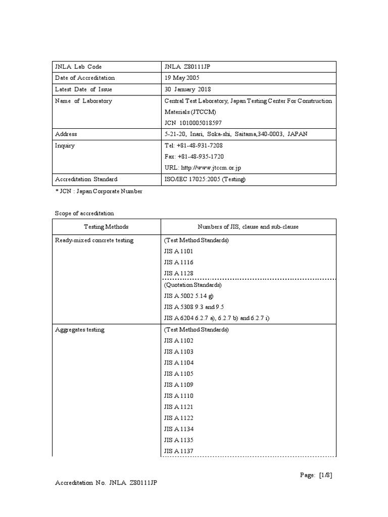 Accreditation Certificate for the Central Test Laboratory in Japan ...