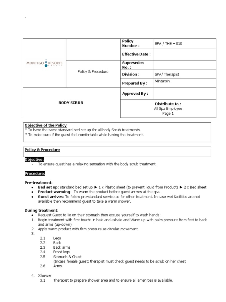 Body Scrub SOP | PDF | Shower | Spa