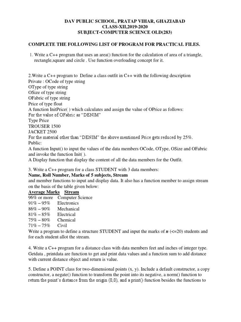 Complete The Following List of Program For Practical Files | PDF ...