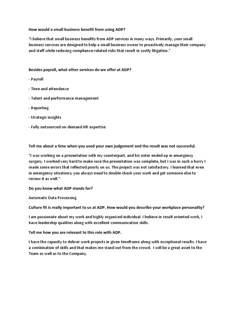 ADP Interview Question Answers | PDF | Leadership | Business