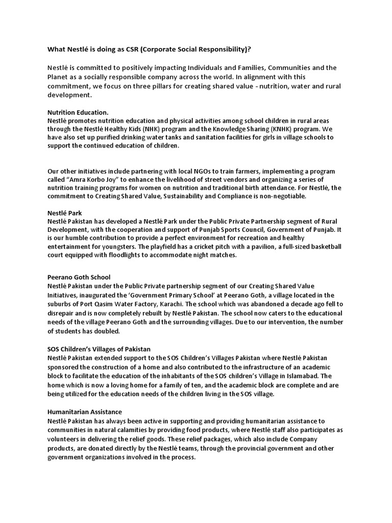 Nestlé CSR | PDF | Nestlé | Pakistan