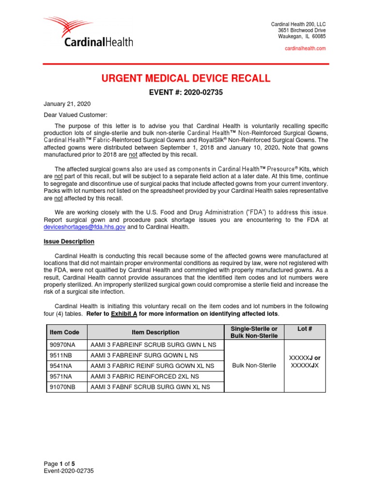 Cardinal Health Surgical Gown Recall | PDF | Food And Drug ...