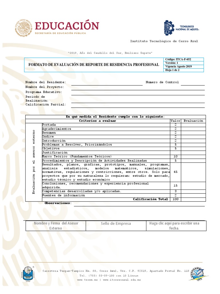 Itca-F-652 Formato de Evaluación de Reporte de Residencia Profesional | PDF | Simulación ...