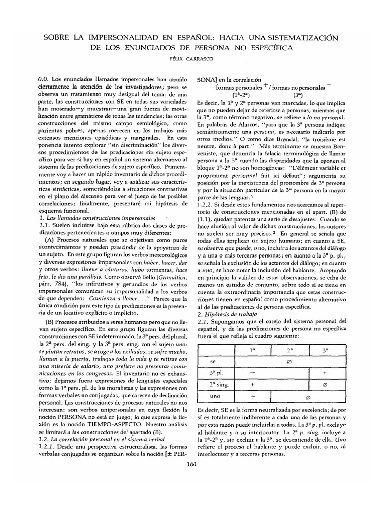 Impersonalidad en Español: Análisis Sintáctico | PDF | Verbo | Asunto ...
